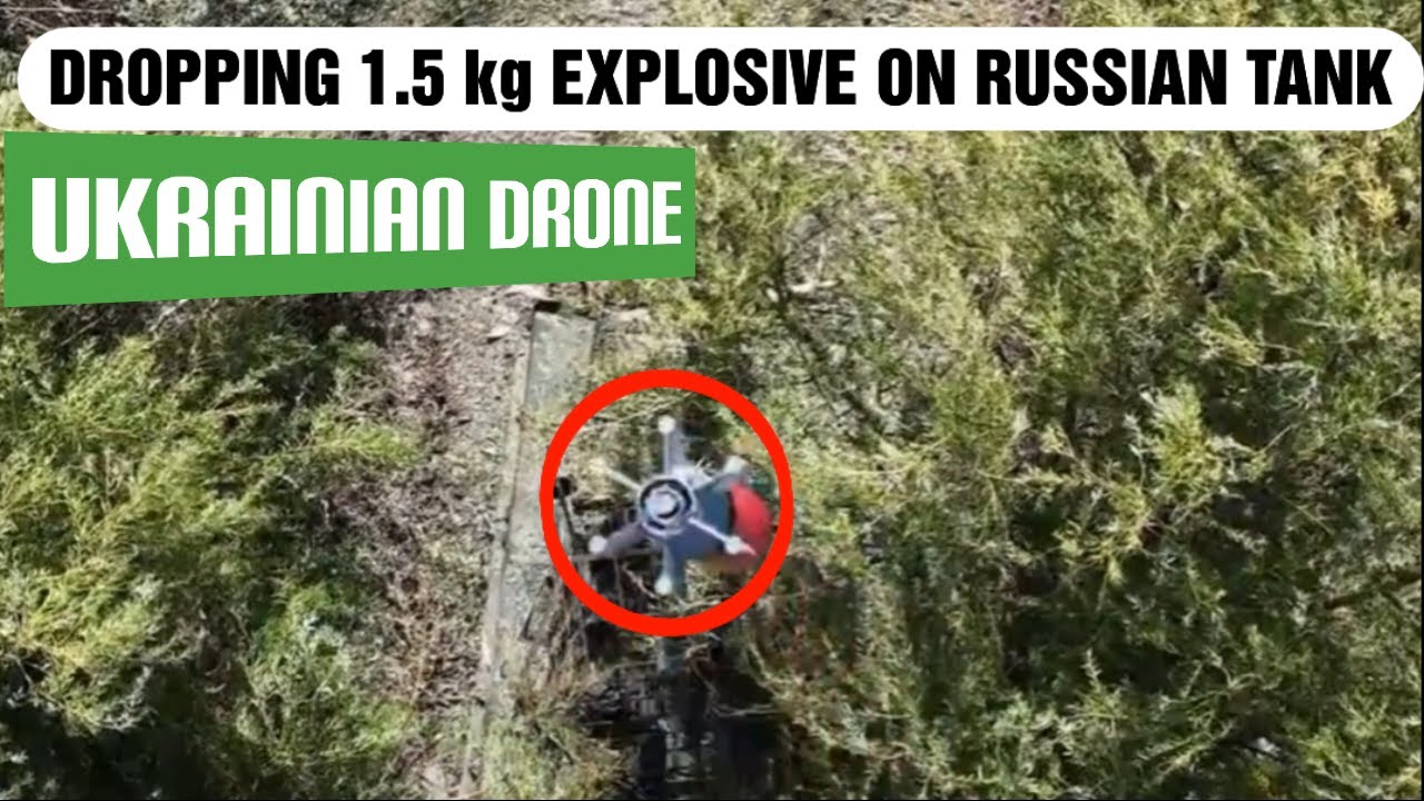 Ukrainian drone dropping 1.5 kg explosive payload on Russian tank - YouTube