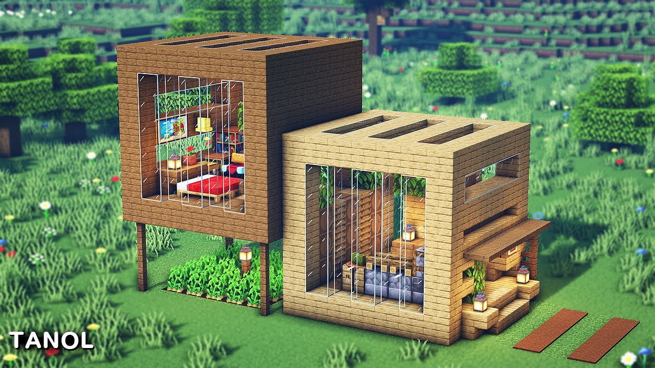 ⚒️마인크래프트 건축강좌: 참나무 + 가문비나무 큐브 집 만들기 - Minecraft Oak + Spruce Cube House ...