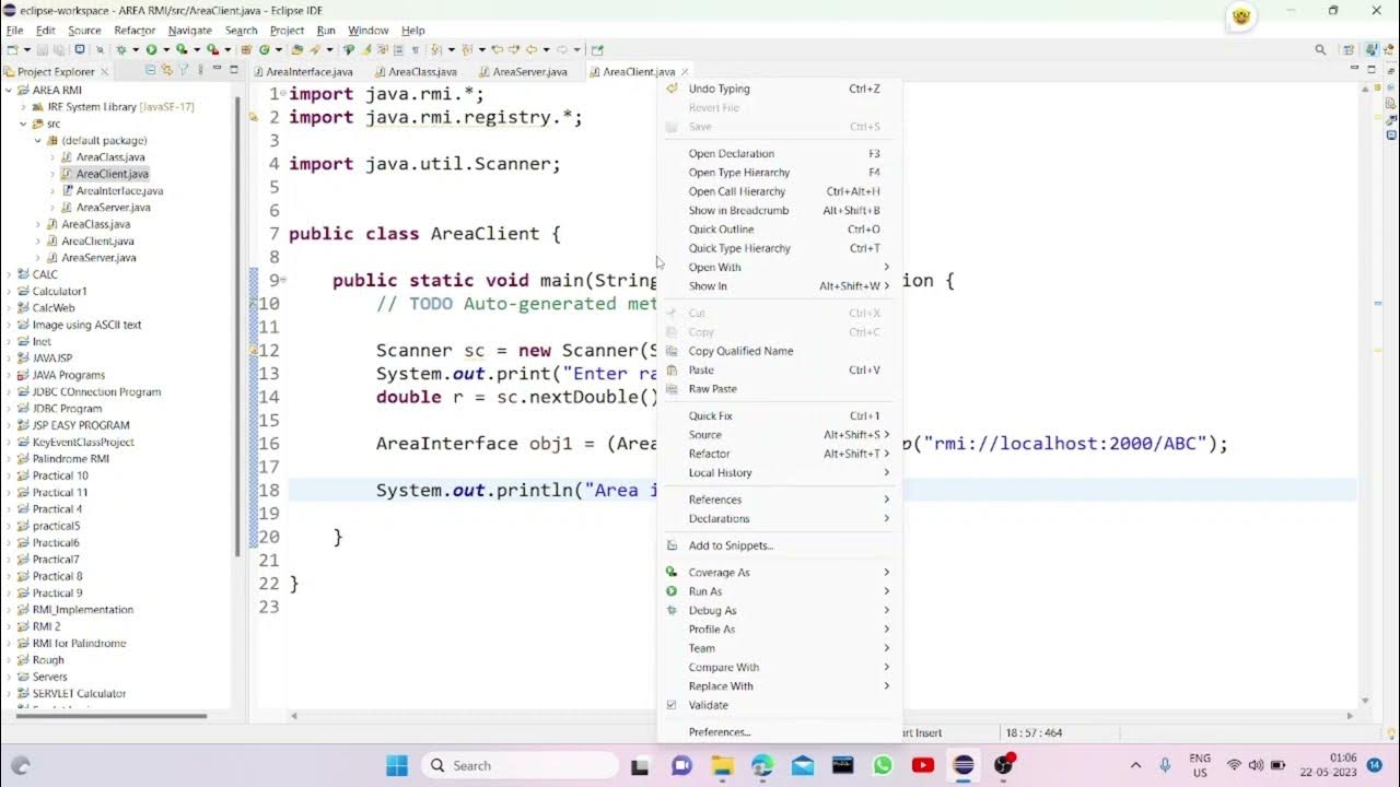 Session 10 : RMI program to calculate area of a circle - YouTube