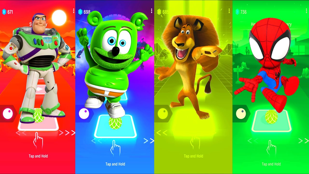 Buzz Lightyear 🔴 Gummy Bear 🔴 Madagascar 🔴 Spiderman Cartoon 🔴Tiles Hop ...
