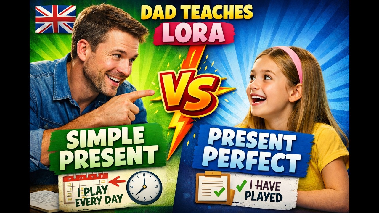 Dad explain to her daughter "Present simple and present perfect ...