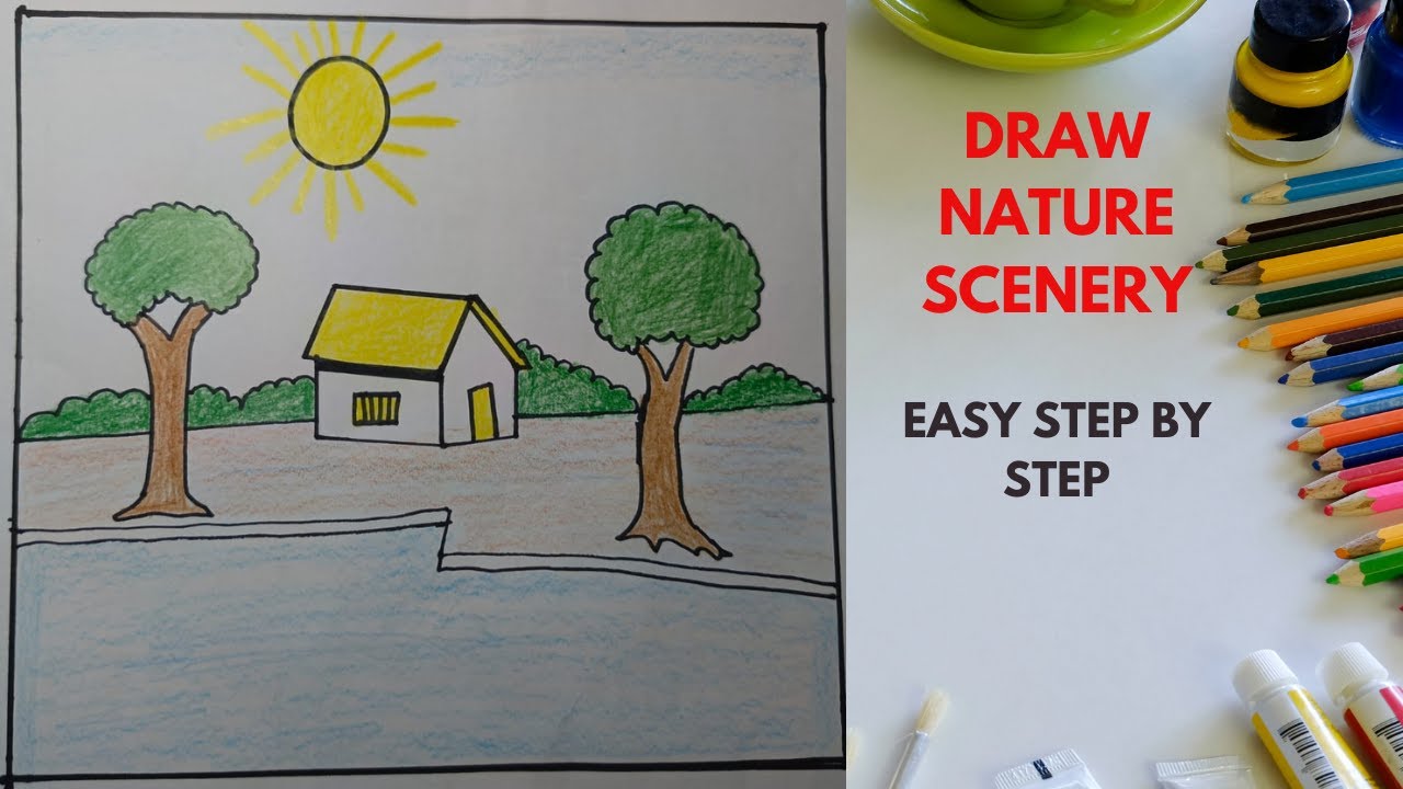 How to draw nature scenery easy step by step, draw house scenery easy ...