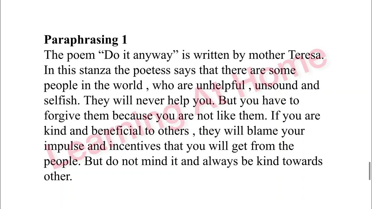 Class 8th English Do it Anyway Poem QA Summary Paraphrasing SNC 2022 ...