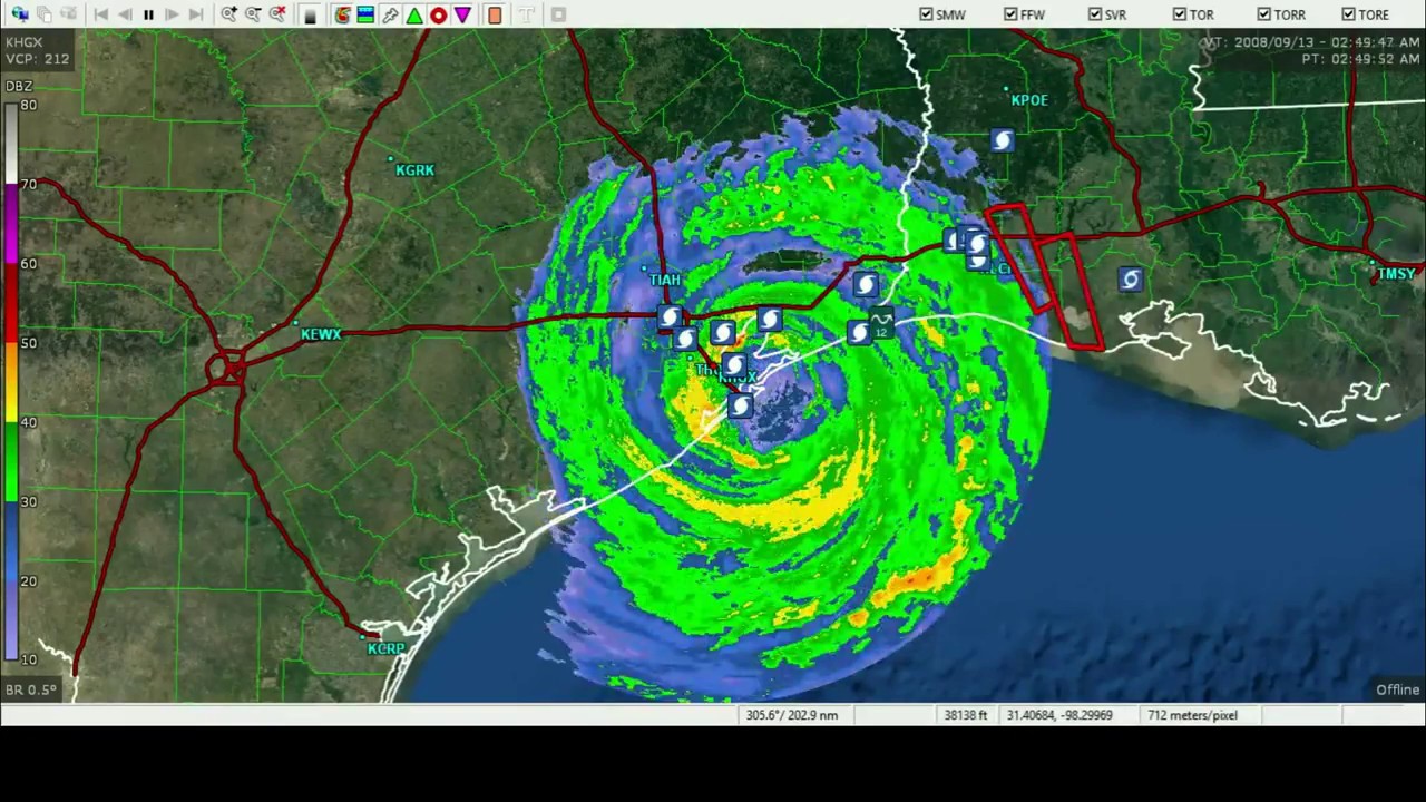 Hurricane Ike Radar Loop (Base reflectivity & velocity) - YouTube