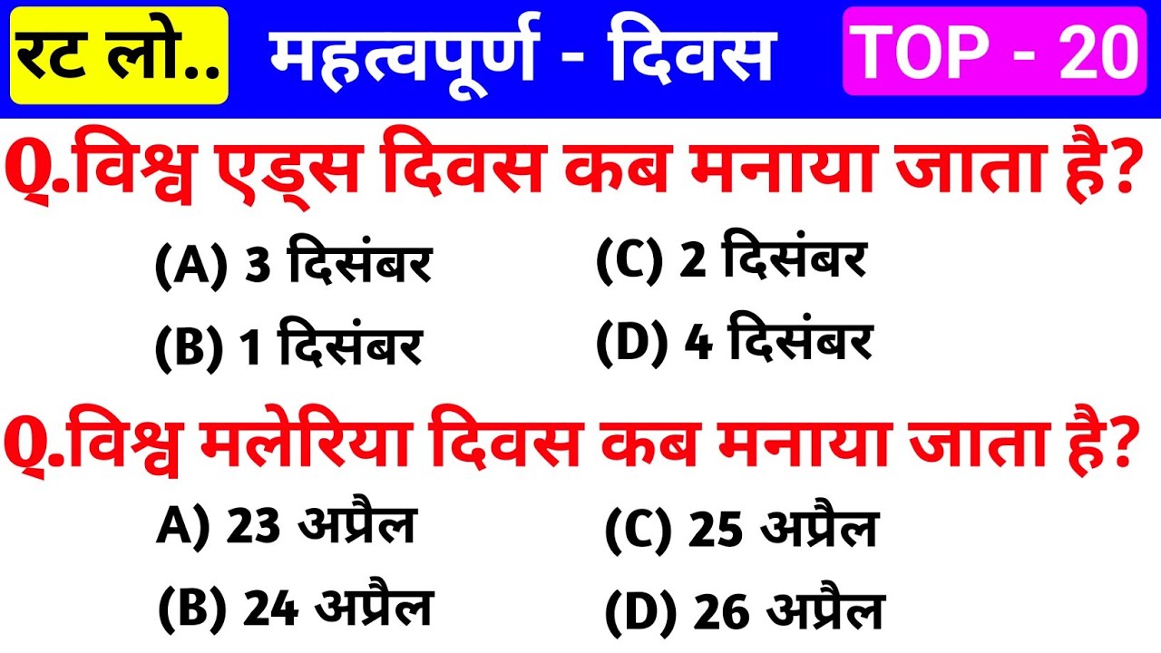 महत्वपूर्ण दिवस - Important Days Gk MCQ Question In Hindi || By Sodan ...