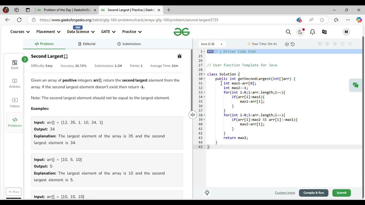 Day 1 Question no : 1 (Second Largest ) of Geeksforgeeks - YouTube