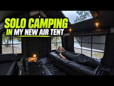 Sleeping in My New Air Tent in Heavy Rain | Solo Camping by the Sea
