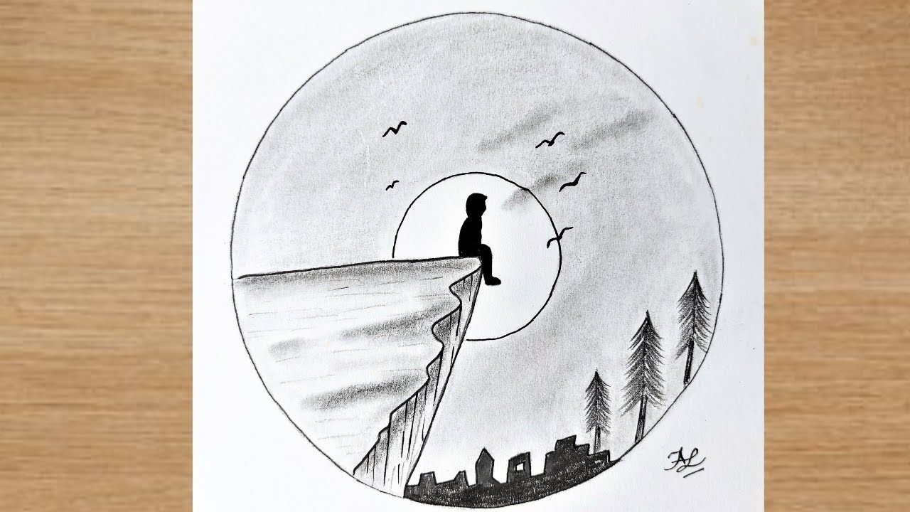 How To Draw a Boy Sitting on Cliff / Landscape Drawing / Pencil drawing ...