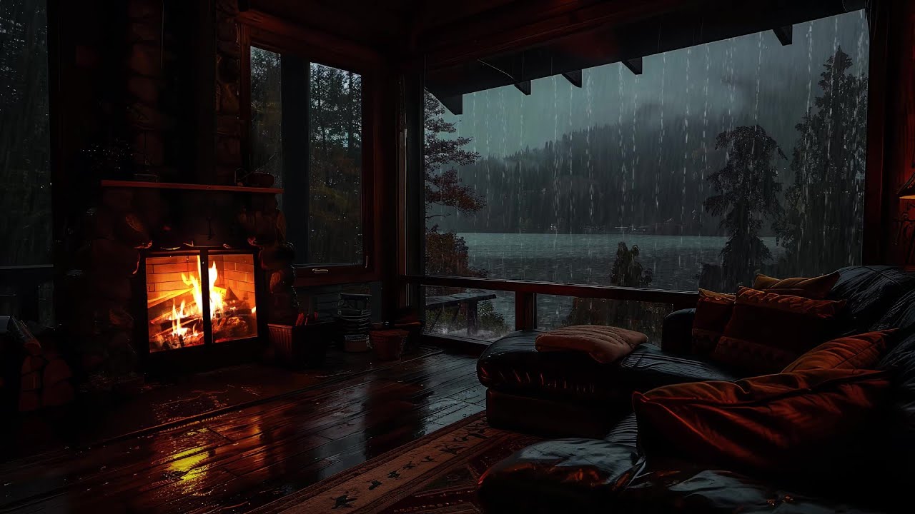 Cozy Cabin with Fireplace, Rain and Thunder Outside in Perfect Place ...