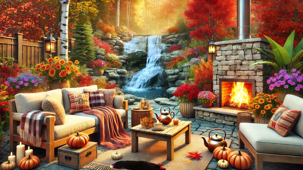 Cozy Terrace by the WaterStream in Autumn Ambience with Crackling ...