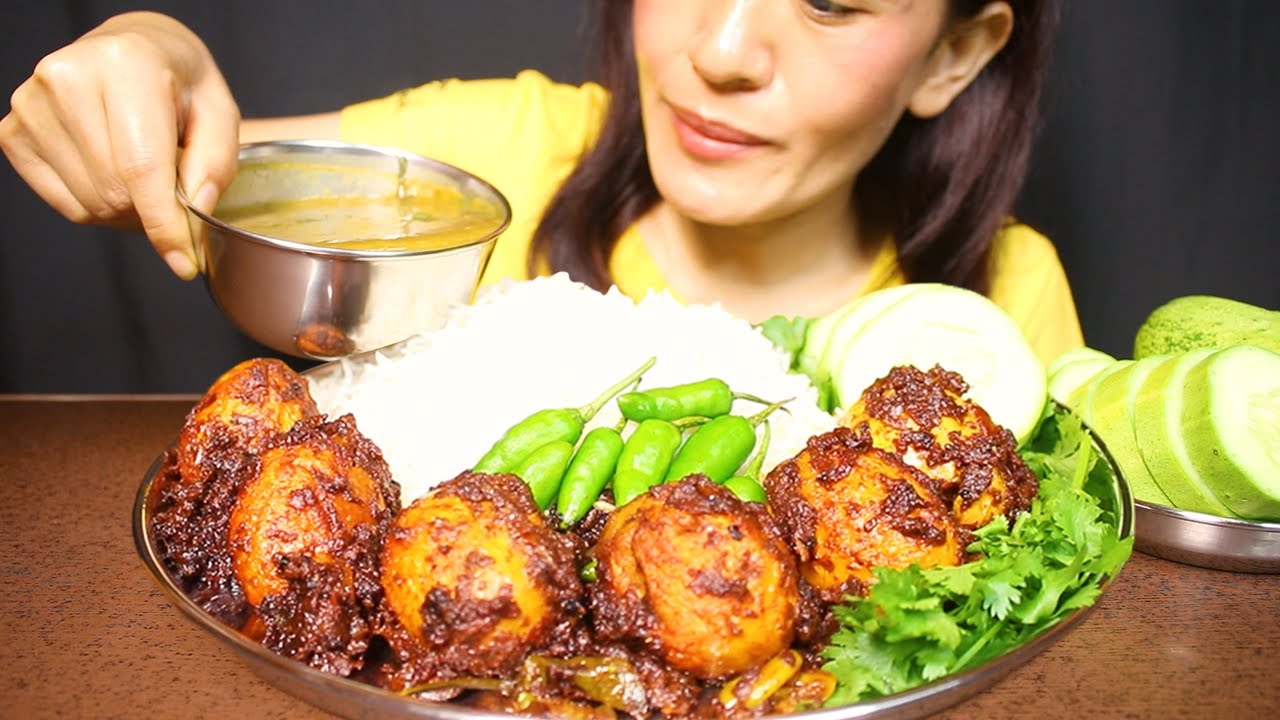 SPICY EGG GHEE ROAST MASALA CURRY WITH BASMATI RICE, MIXED DAAL, SALAD ...
