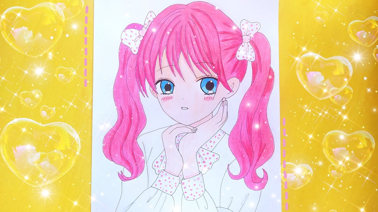 رسم انمي رسم بنت انمي كيوت بشعر وردي🌸🌸 وبطريقة سهلة جدا 🥰🌼رسم انمي