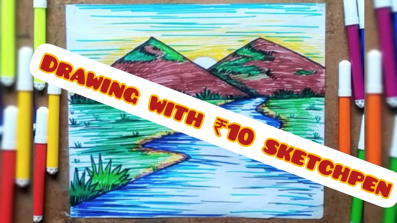 Beautiful Scenery Drawing with ₹10 sketchpen. 🎨🏞️ | very easy ...