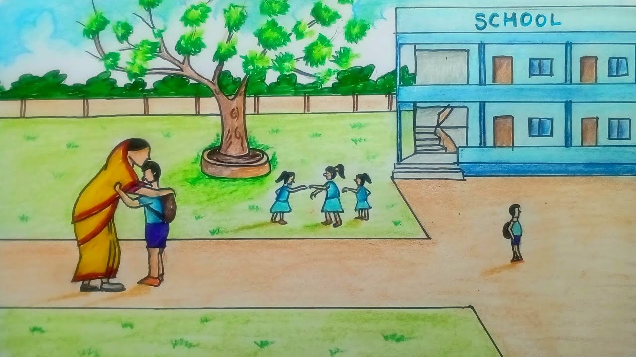 Mother saying Goodbye to her child | How to draw a school | School ...