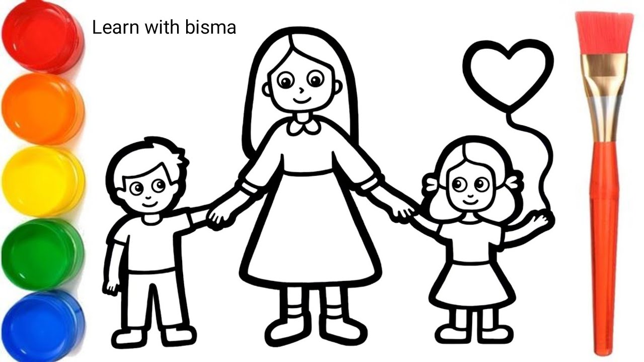 How to Draw mom with kids drawing, Painting and Coloring for Kids ...