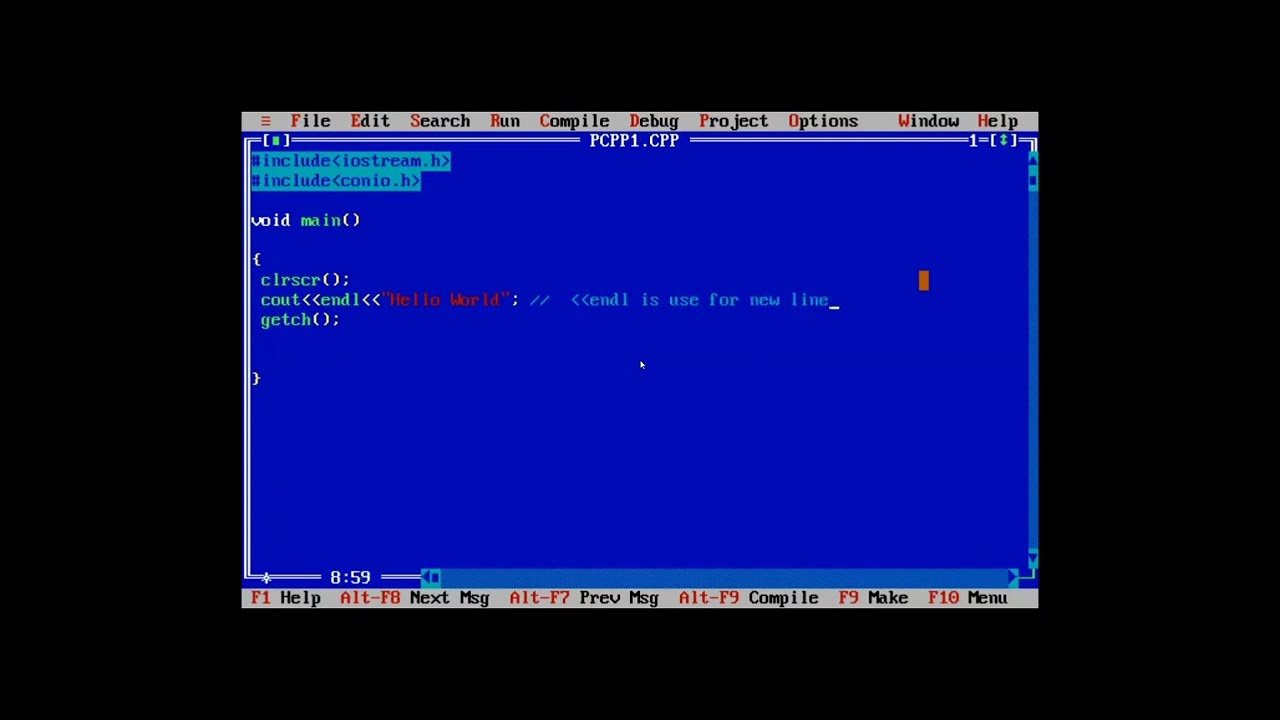 Hello World Program In C Turbo C Turbo C Youtube 2943