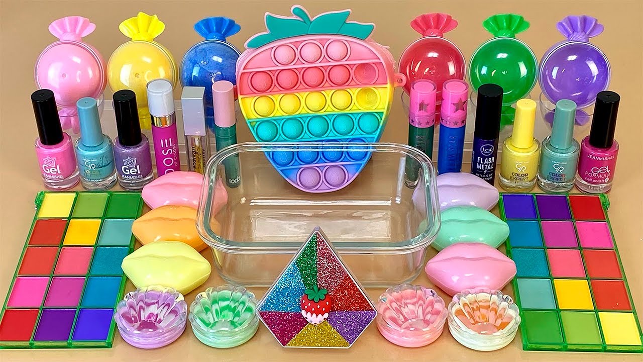 ASMR Slime 🌈🍓 Mixing ”RAINBOW” makeup, Eyeshadow, glitter into slime ...