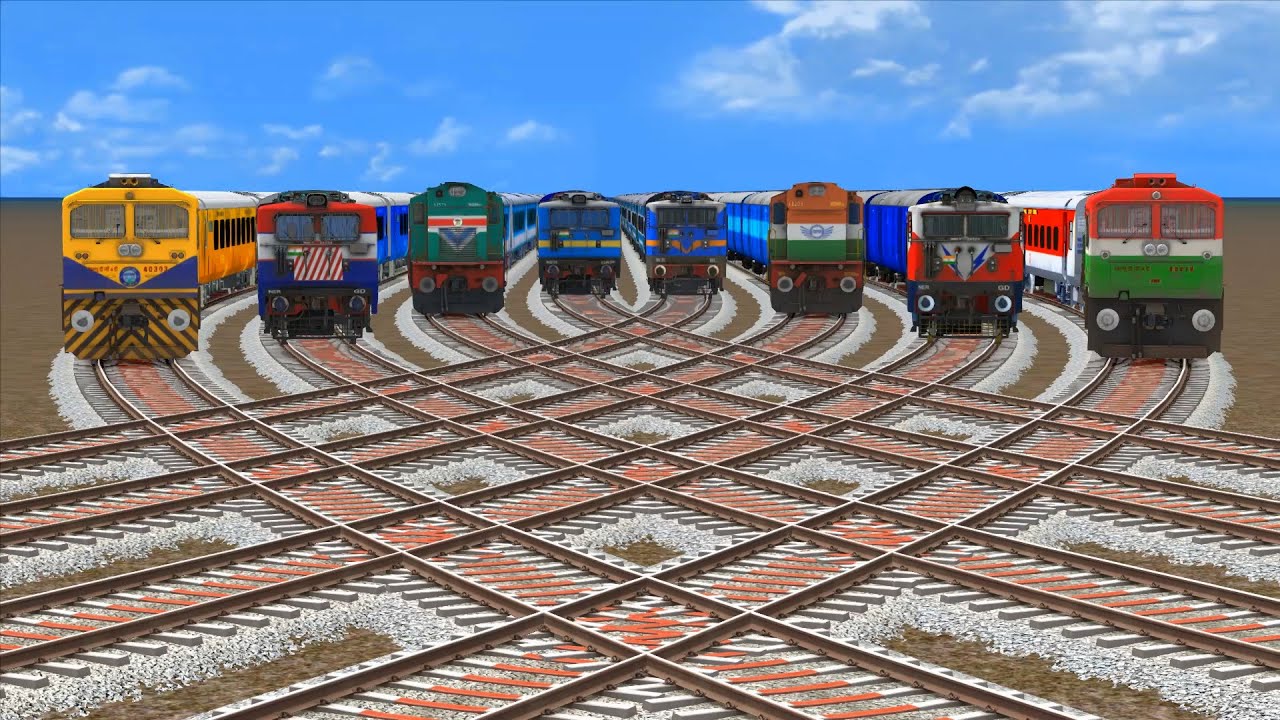 8 Trains Crossing On Curved Railroad Track | Locomotive Train | 3D ...