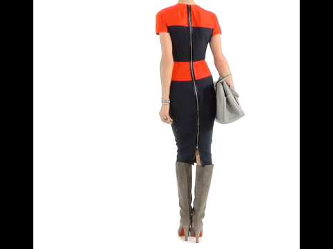 Victoria Beckham - SS/2012 - Color-block silk and wool-blend dress [ Neon Mandarin & Navy Blue ]