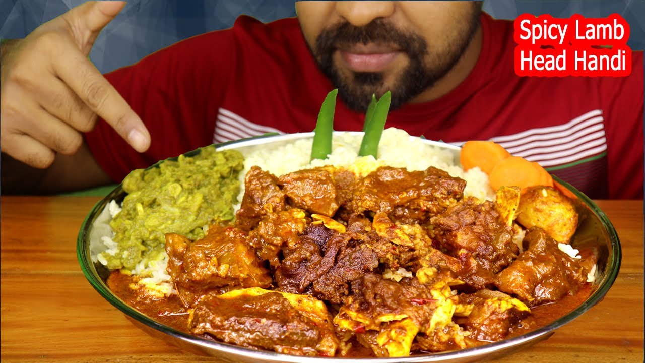 Very Spicy Lamb Head Handi,Rice,Veg Fry,Green Chili and Salad Mukbang ...