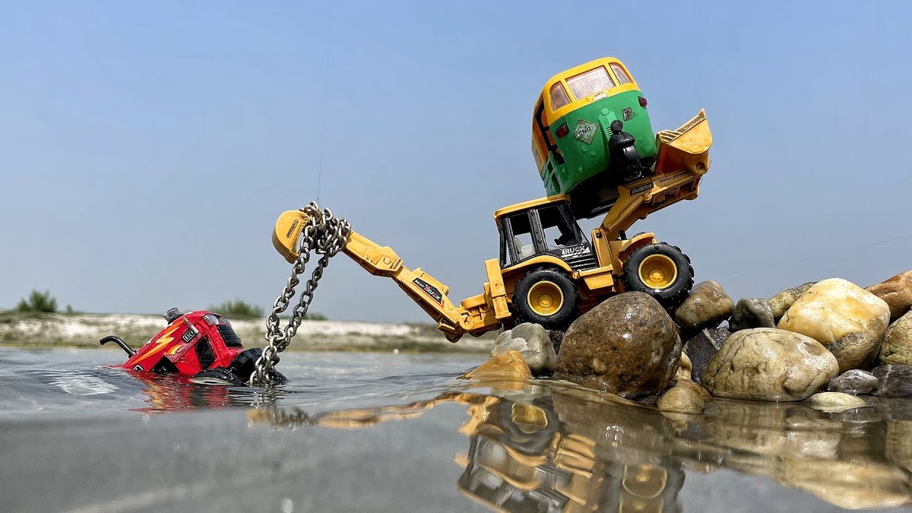 HMT Tractor Stuck Big Pit Water Mud Pulling Out JCB3DX Jump River Sand ...