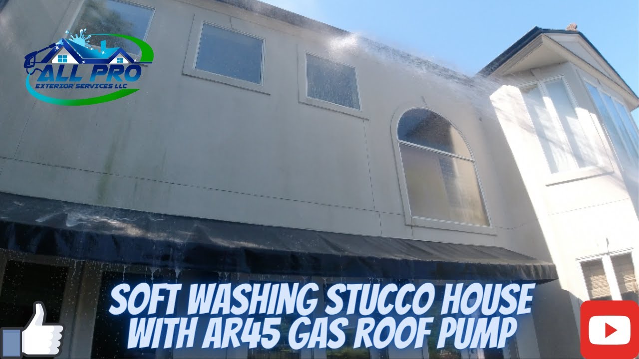 Soft Washing Stucco house with AR45 Gas Roof Pump - YouTube