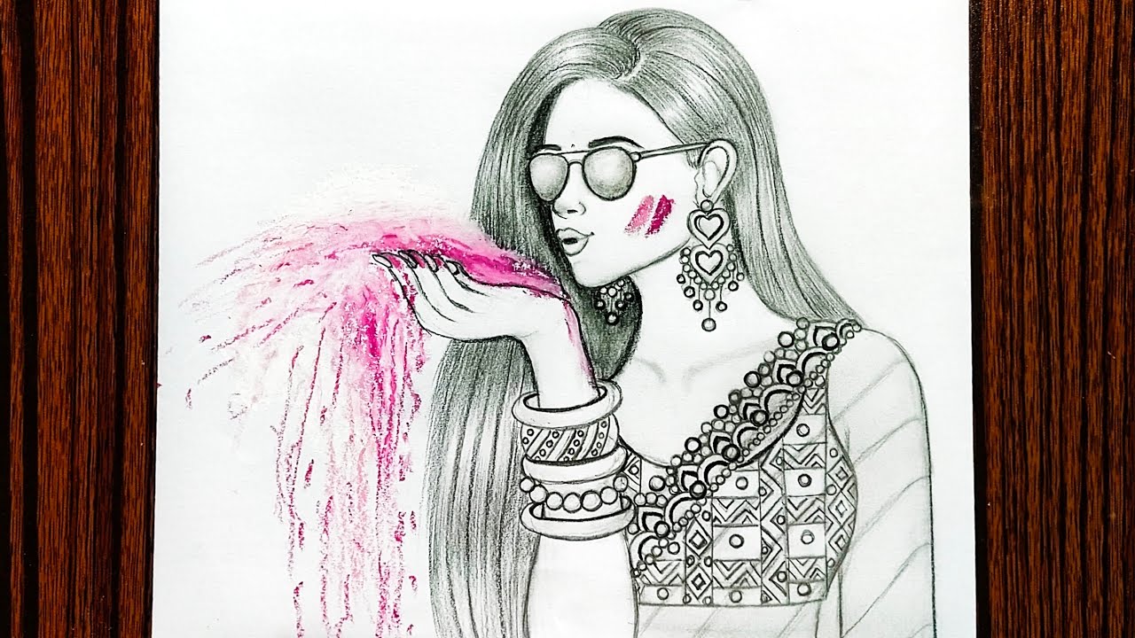 A Beautiful Traditional Girl Celebrating Holi Drawing | Easy happy holi ...