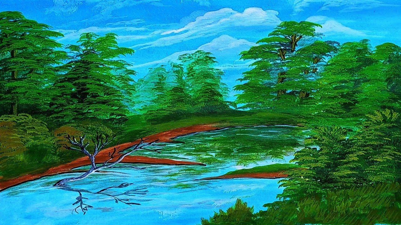 Easy Lake Drawing / Simple Landscape Drawing Step By Step - YouTube