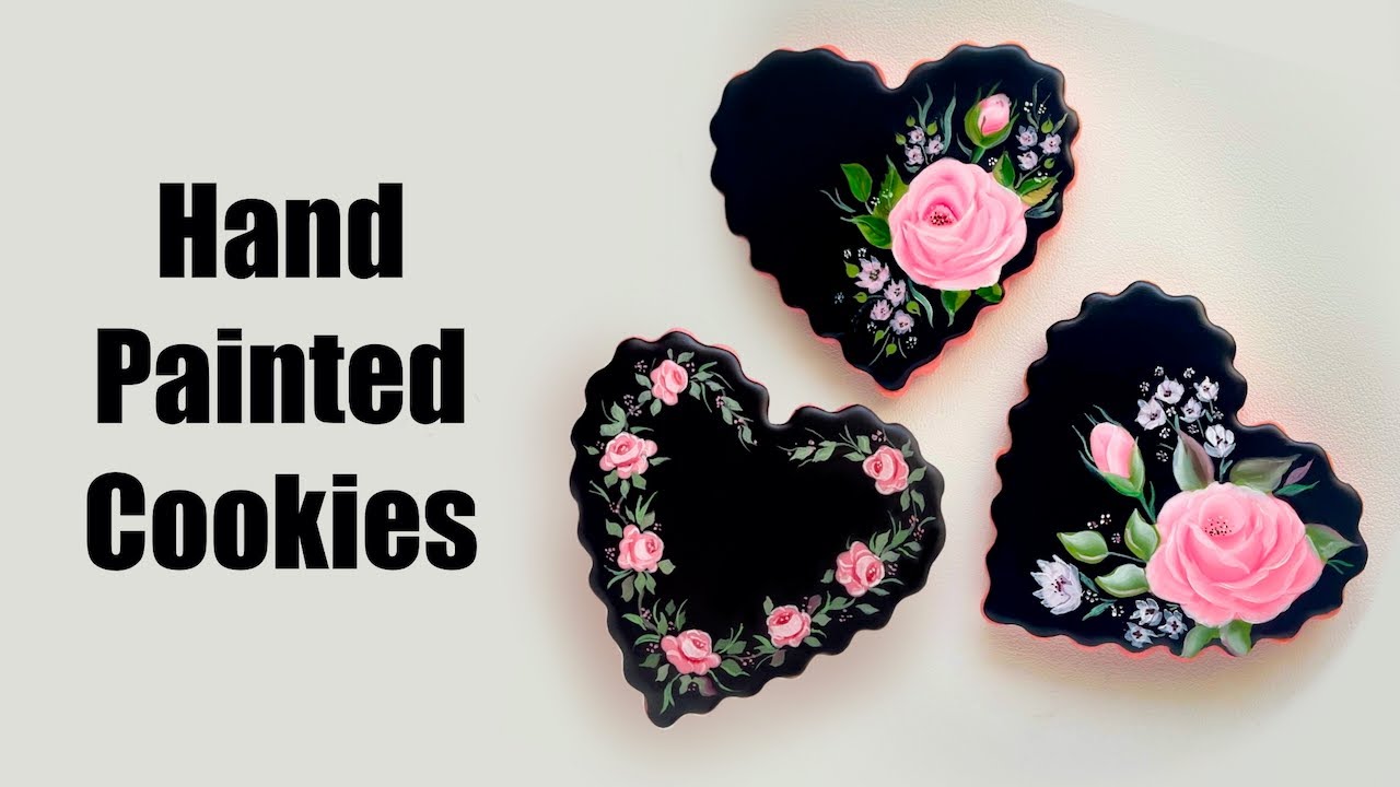 Hand painted roses on black heart cookies - YouTube