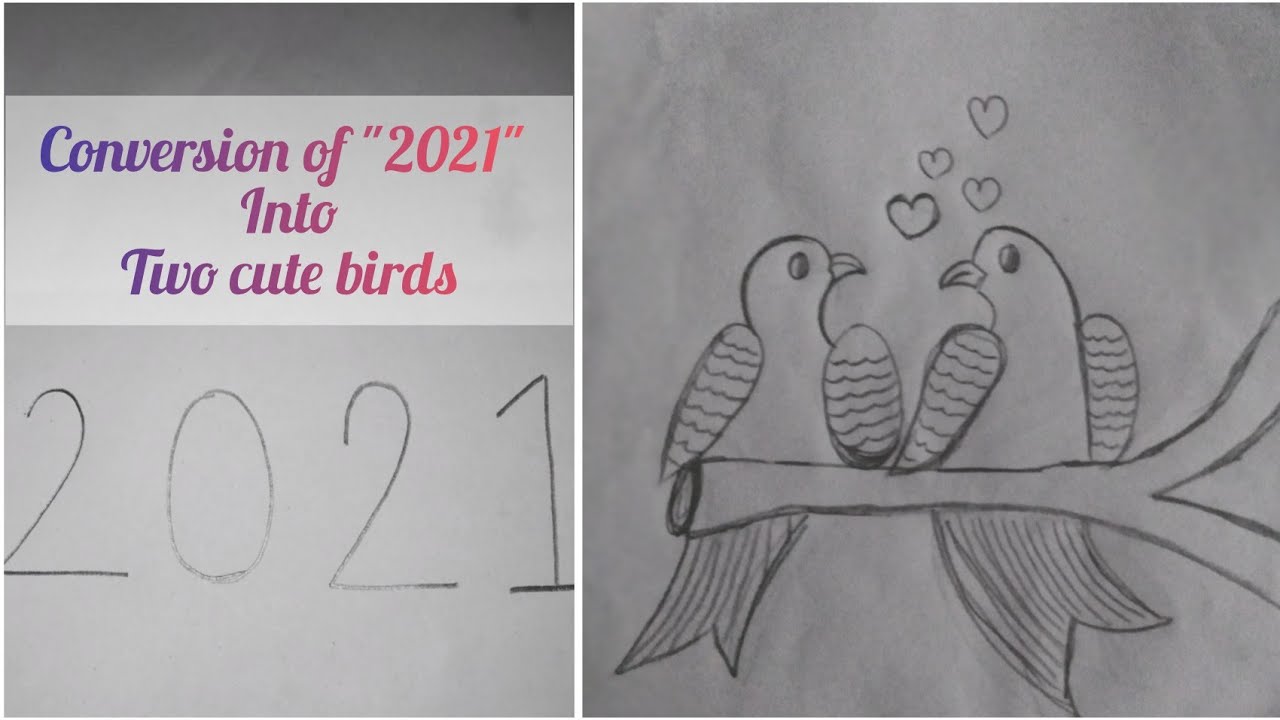Conversion of 2021 into two cute birds|| 5 min trick to draw birds ...