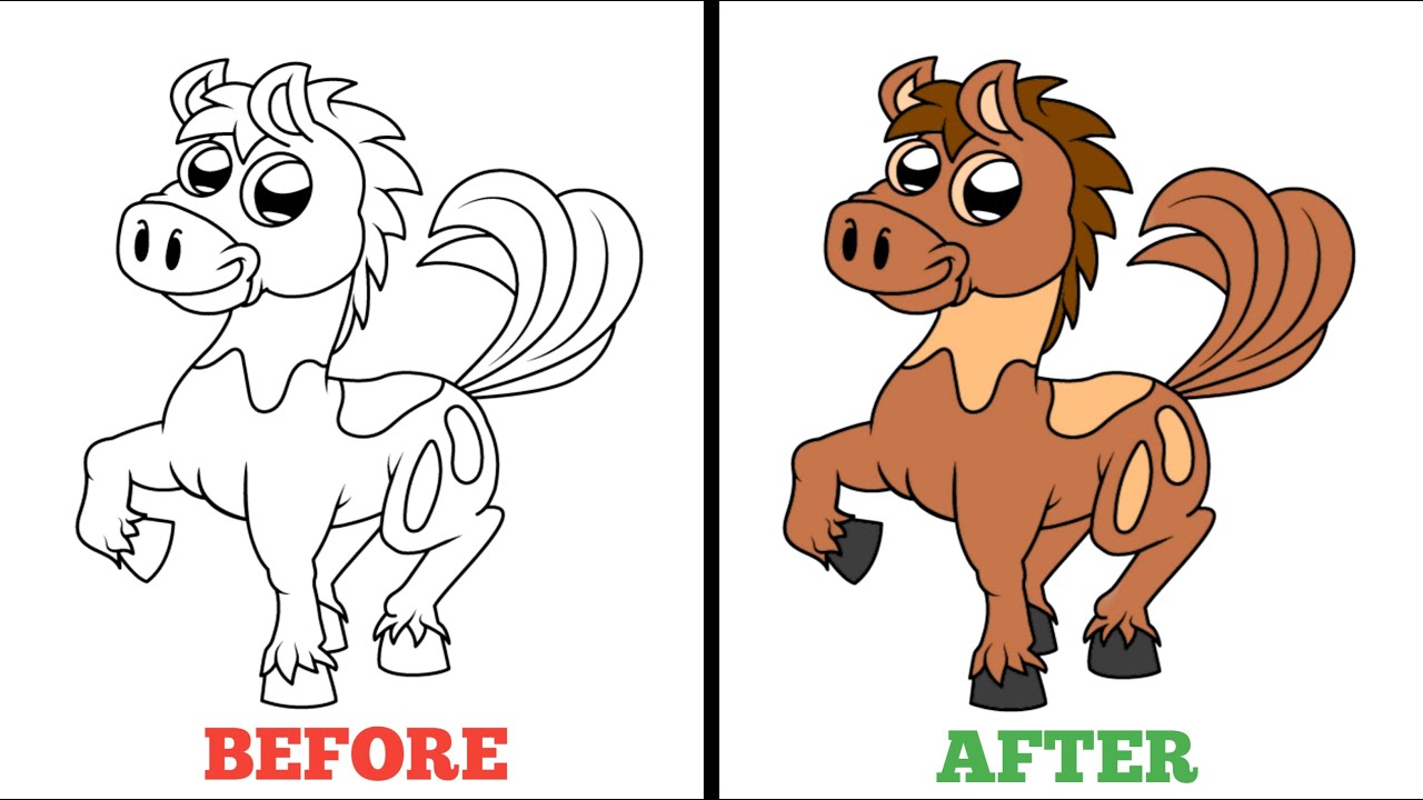 Before and After, drawing a horse for kids / Dessiner un cheval pour ...