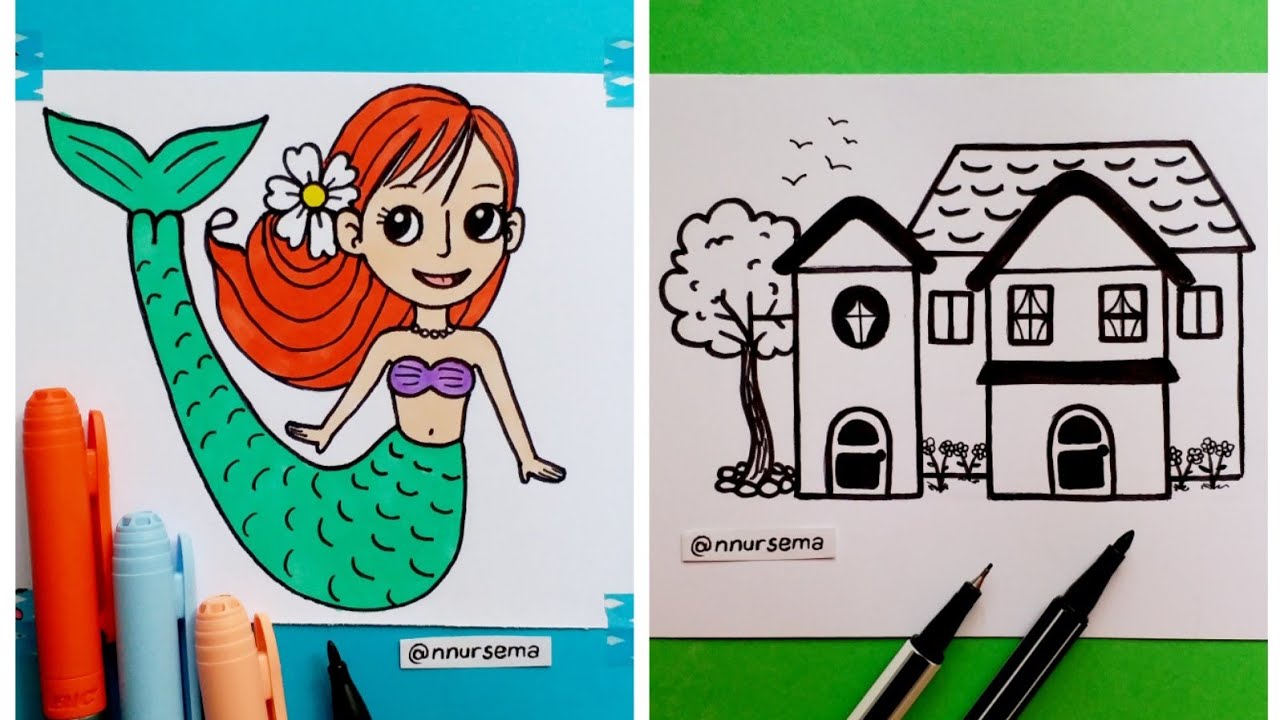 How to draw MERMAID and HOUSE - YouTube