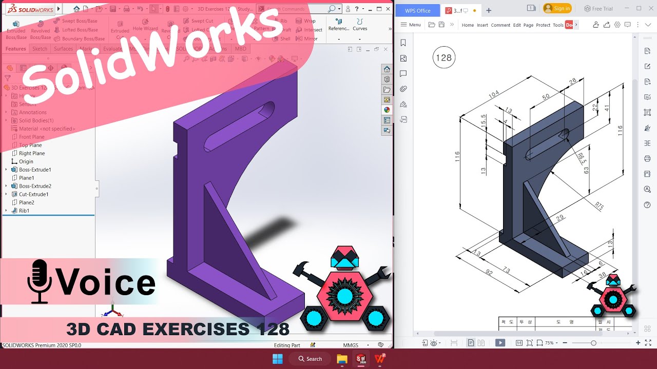 SolidWorks | 3D CAD EXERCISES 128 | StudyCadCam | Solution Tutorial | - YouTube