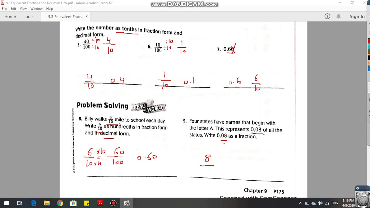 9 3 Equivalent Fractions And Decimals H W Model Answer YouTube 9-3-equivalent-fractions-and-decimals-h-w-model-answer-youtube