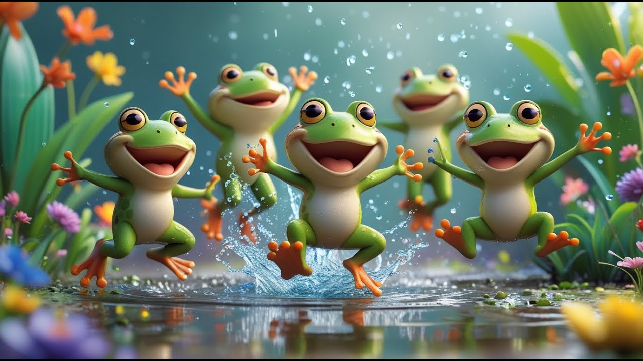 5 Frogs Jumping in a Puddle - Fun 3D Cartoon for Kids! - YouTube