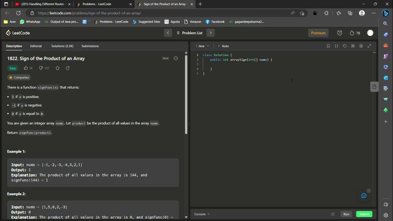 Leetcode Potd 1822 Sign Of The Product Of An Array Leetcode Coding Daily Programming Youtube
