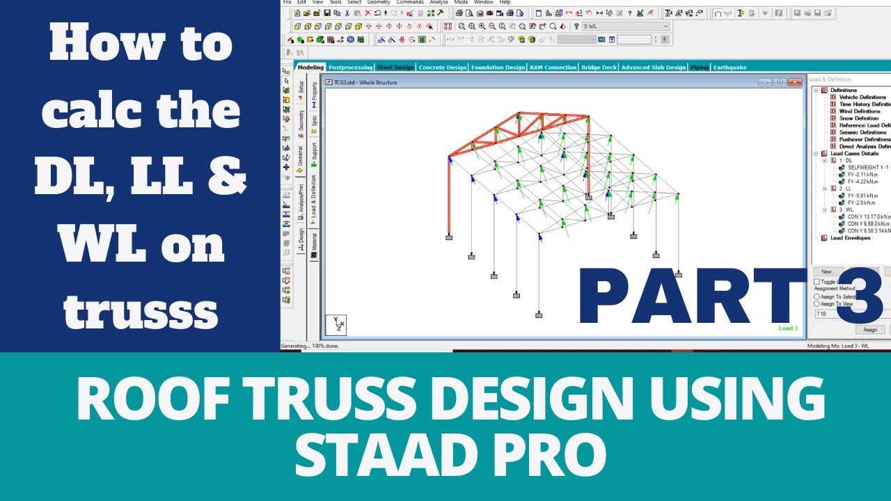 3. Roof truss design in STAAD Pro | Complete design with load ...