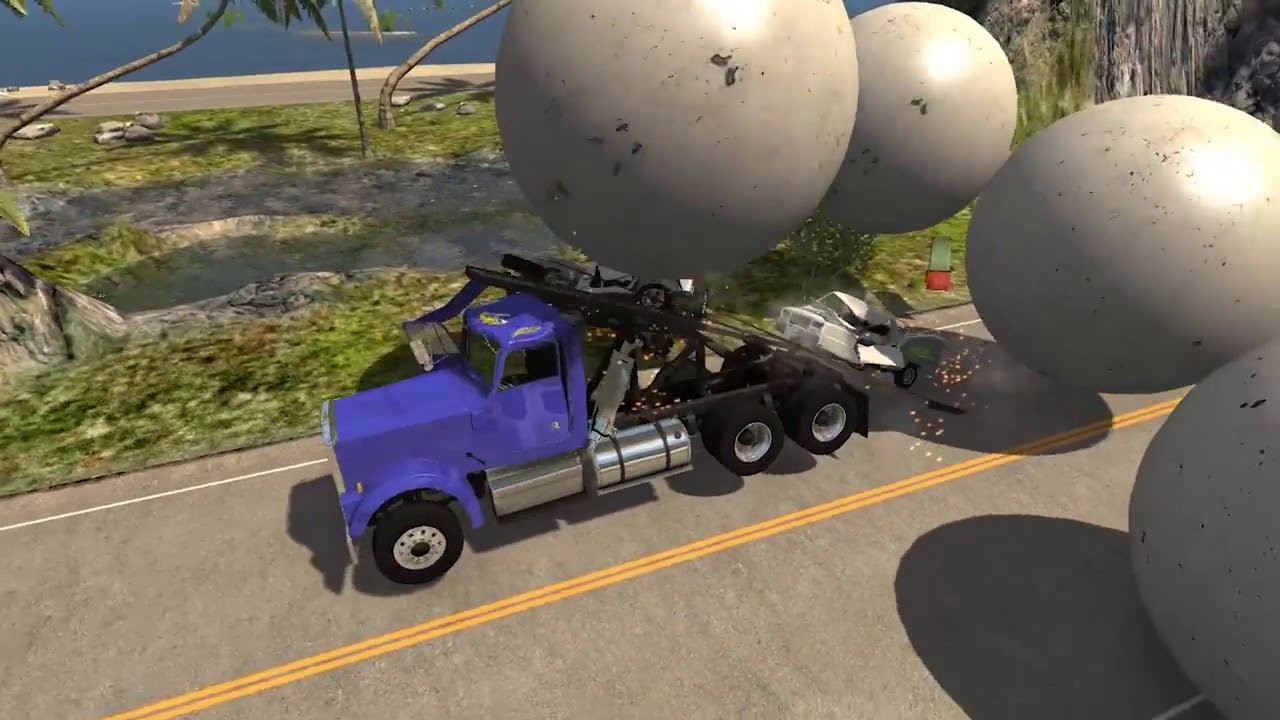 Beamng drive Giant Concrete Balls rolling Against moving Cars - YouTube