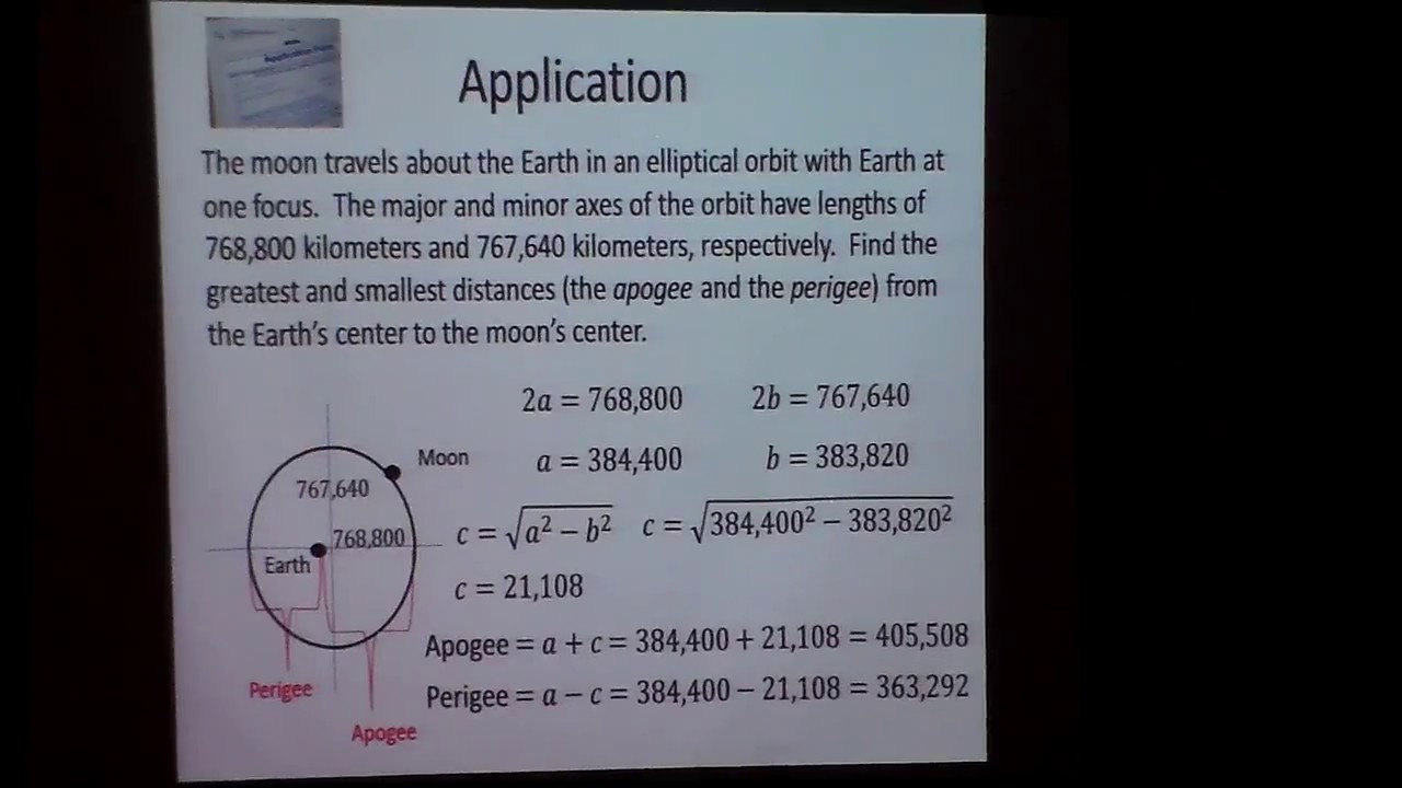 Ellipses Application finding the apogee and perigee of the moon - YouTube