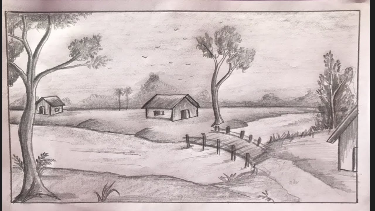 Easy scenery drawing for beginners/how to draw a village/landscape ...