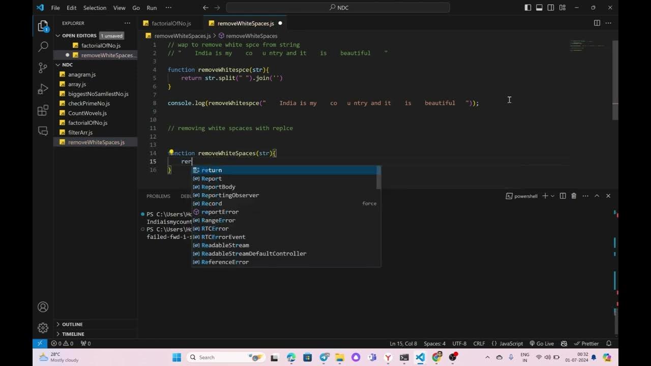 Java script programme to remove white spaces in the string - YouTube