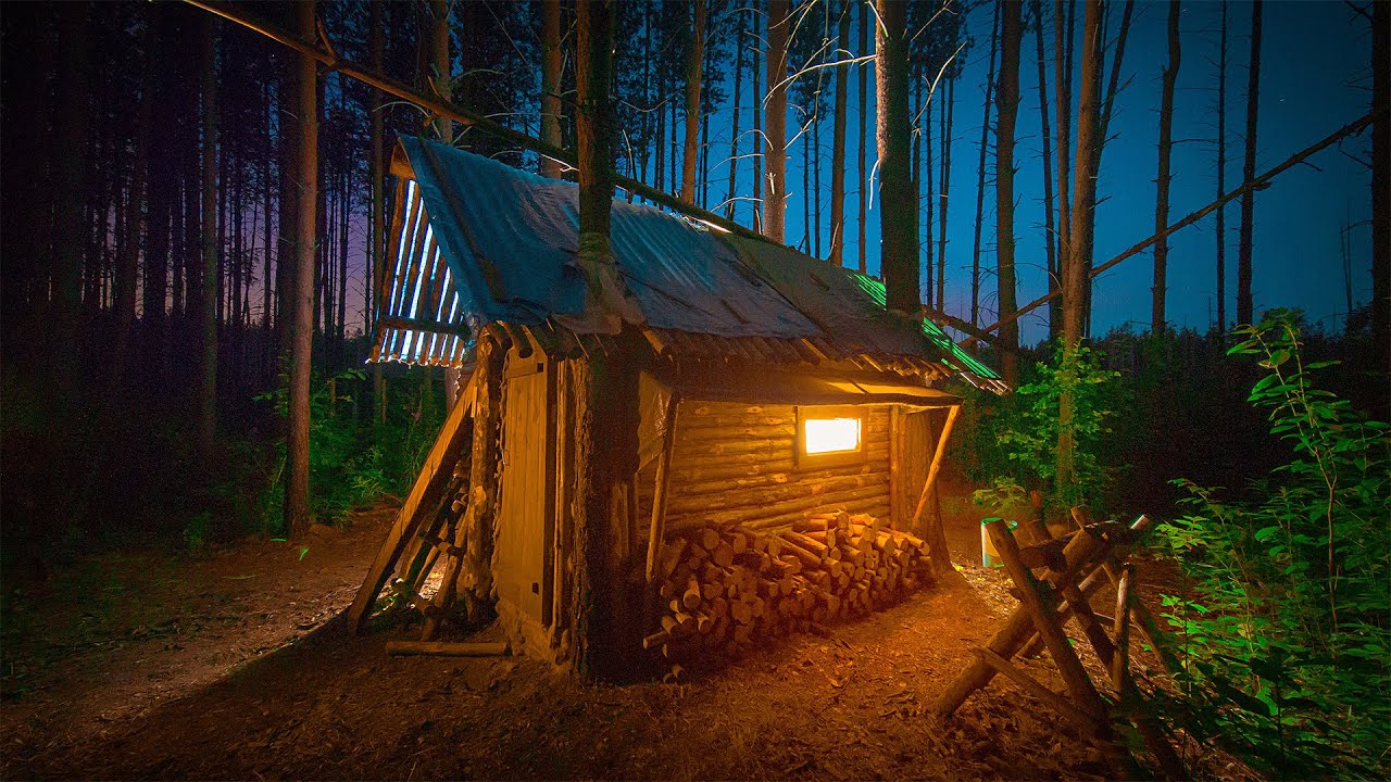 Night in my log cabin in the wild forest. I bring comfort and order in ...