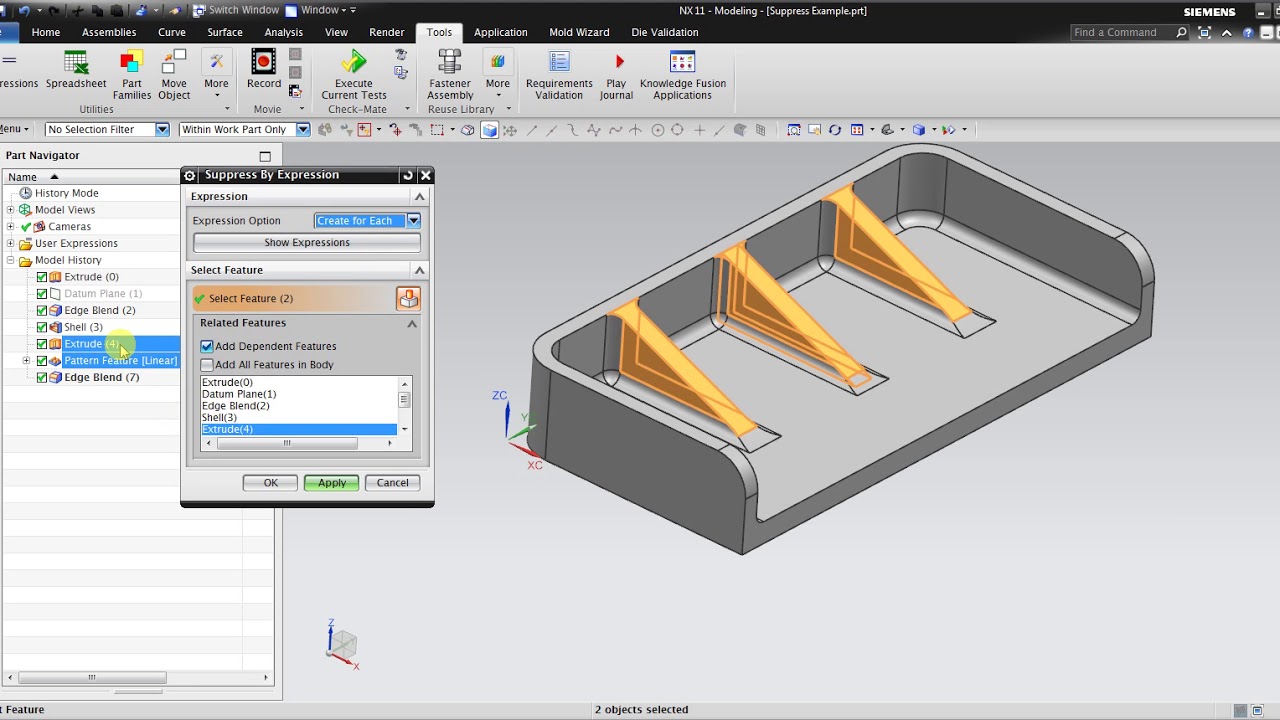 NX CAD Advanced : Suppress Feature Using Expression - YouTube