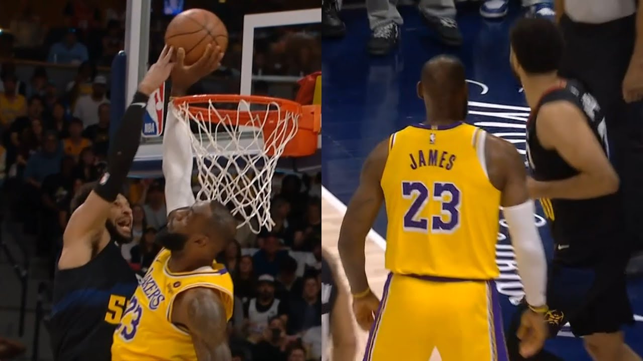 LeBron James stares down Jamal Murray after blocking his poster dunk ...