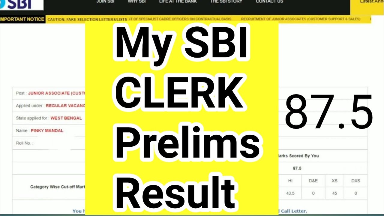 SBI CLERK prelims result from West Bengal. - YouTube