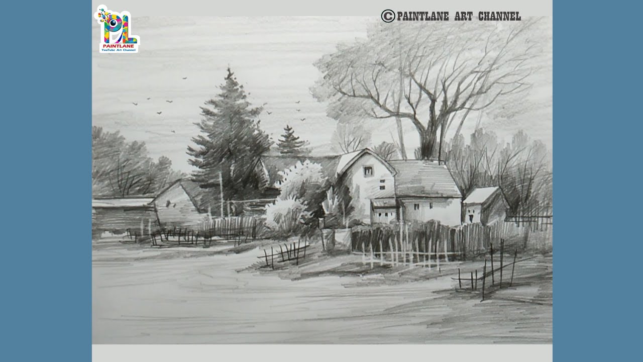 Drawing scenery art with rough pencil strokes || shading houses and ...