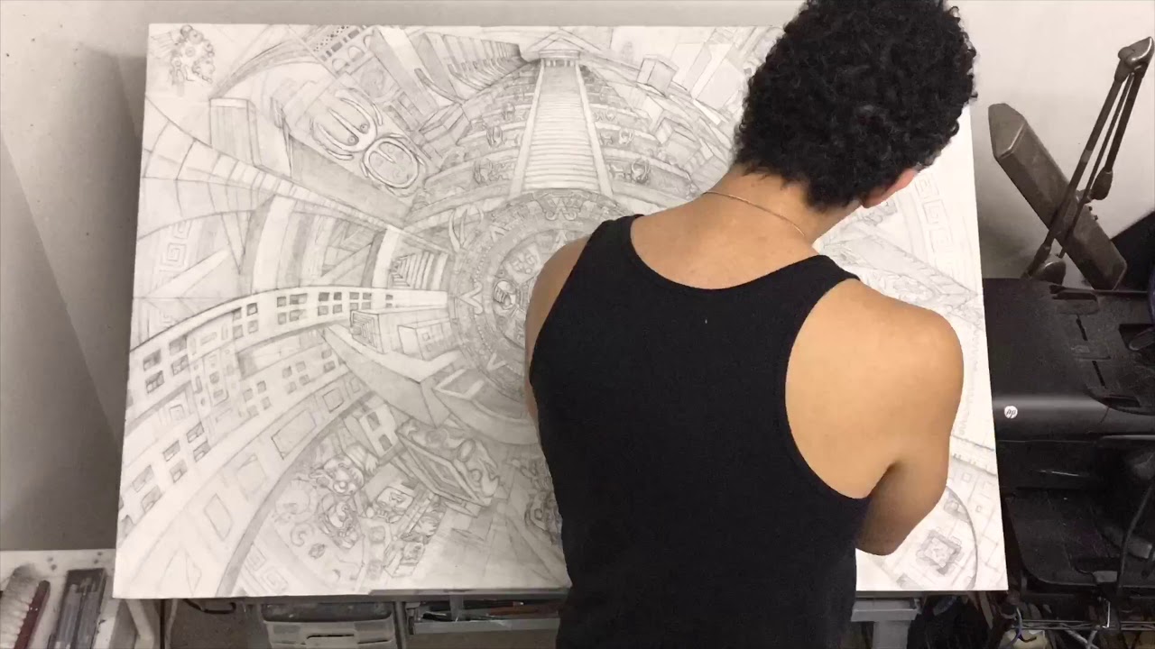Final drawing of Aztec Mayan style 5 point perspective - YouTube