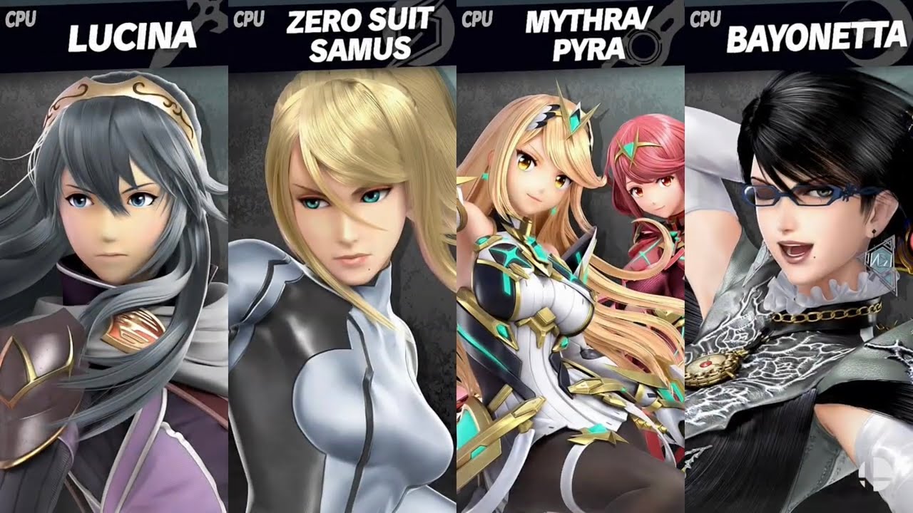 Lucina (Purple) vs Zero Suit Samus (White) vs Mythra/Pyra vs Bayonetta ...