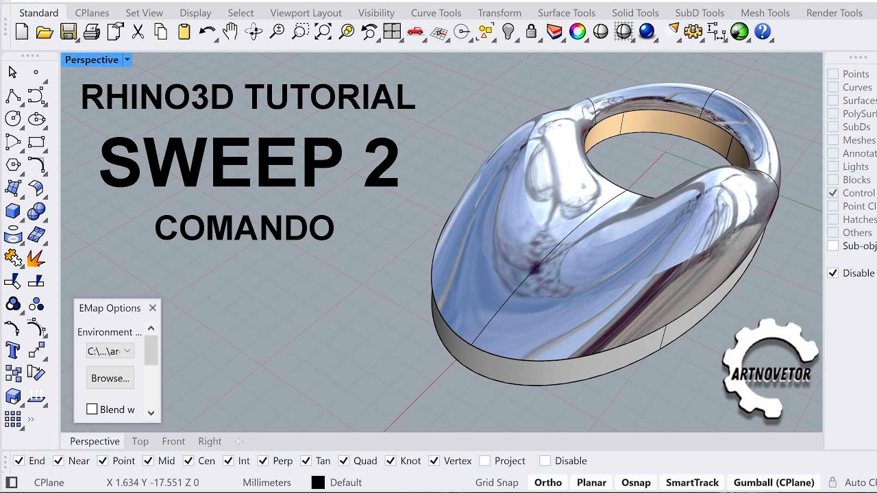 Noções básicas de criação de superfície Rhino 3D : comando Sweep 2 ...