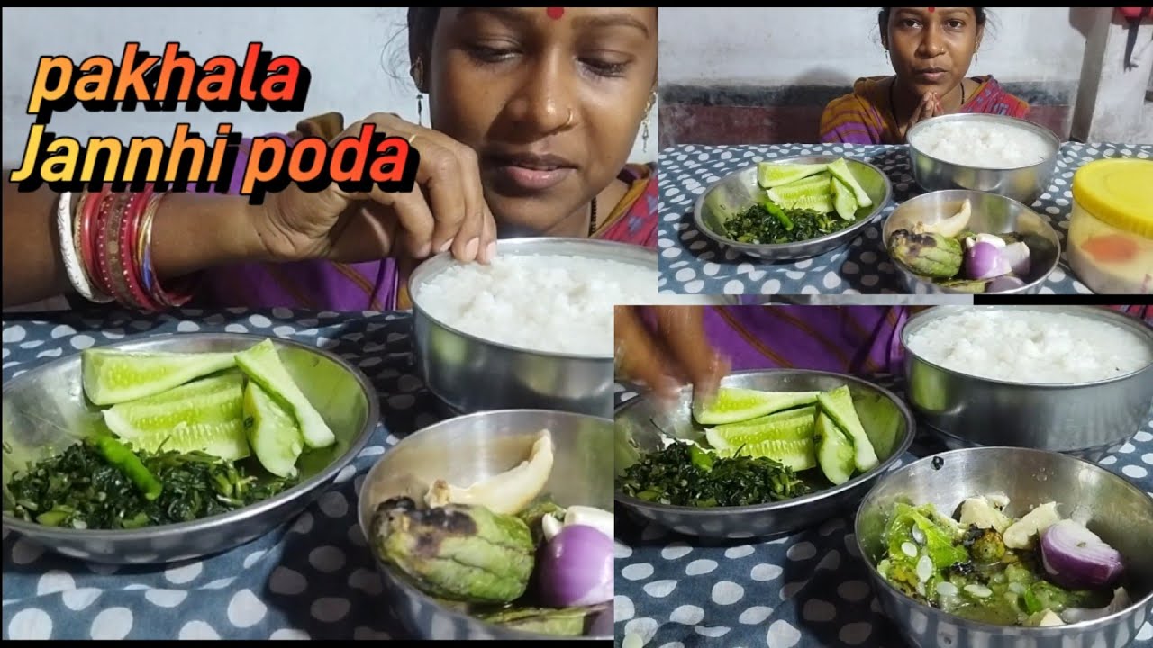 Pakhala eating ||Jannhi poda onion chili chhecha //saga kharada ...